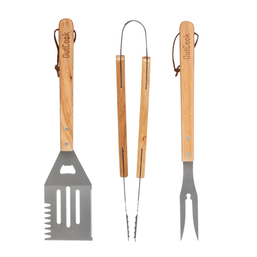 Set pentru gratar, 3 ustensile cu manere din lemn